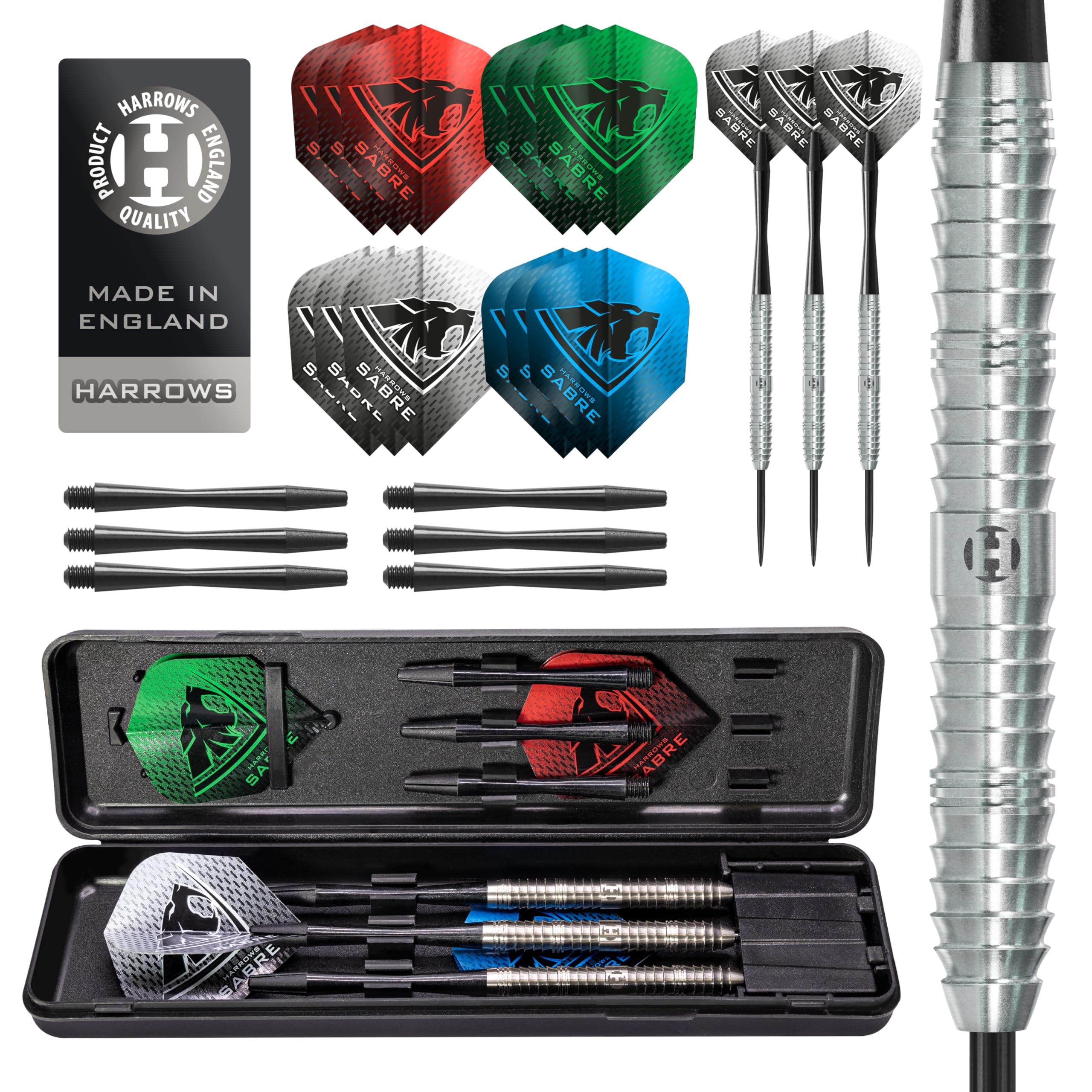 Harrows Sabre 90% Tungsten Steel Tip Darts Set I 21g to 26g All Weights Available I Huge 24pcs Bundle with Spare Shafts, Prime Flights & Travel Case (22 Grams)