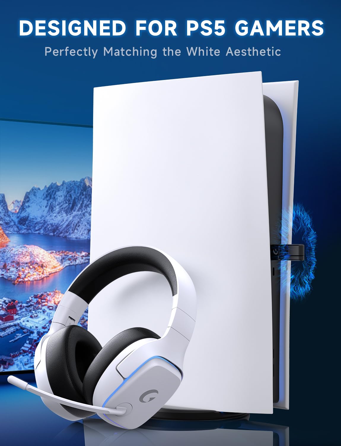 Gvyugke 2.4GHz Wireless Gaming Headsets for PS5, PS4, PC, Switch - Bluetooth 5.3 Gaming Headphones with Noise Canceling Mic, 7.1 Surround Sound, 70H Battery, Gaming Lighting - White