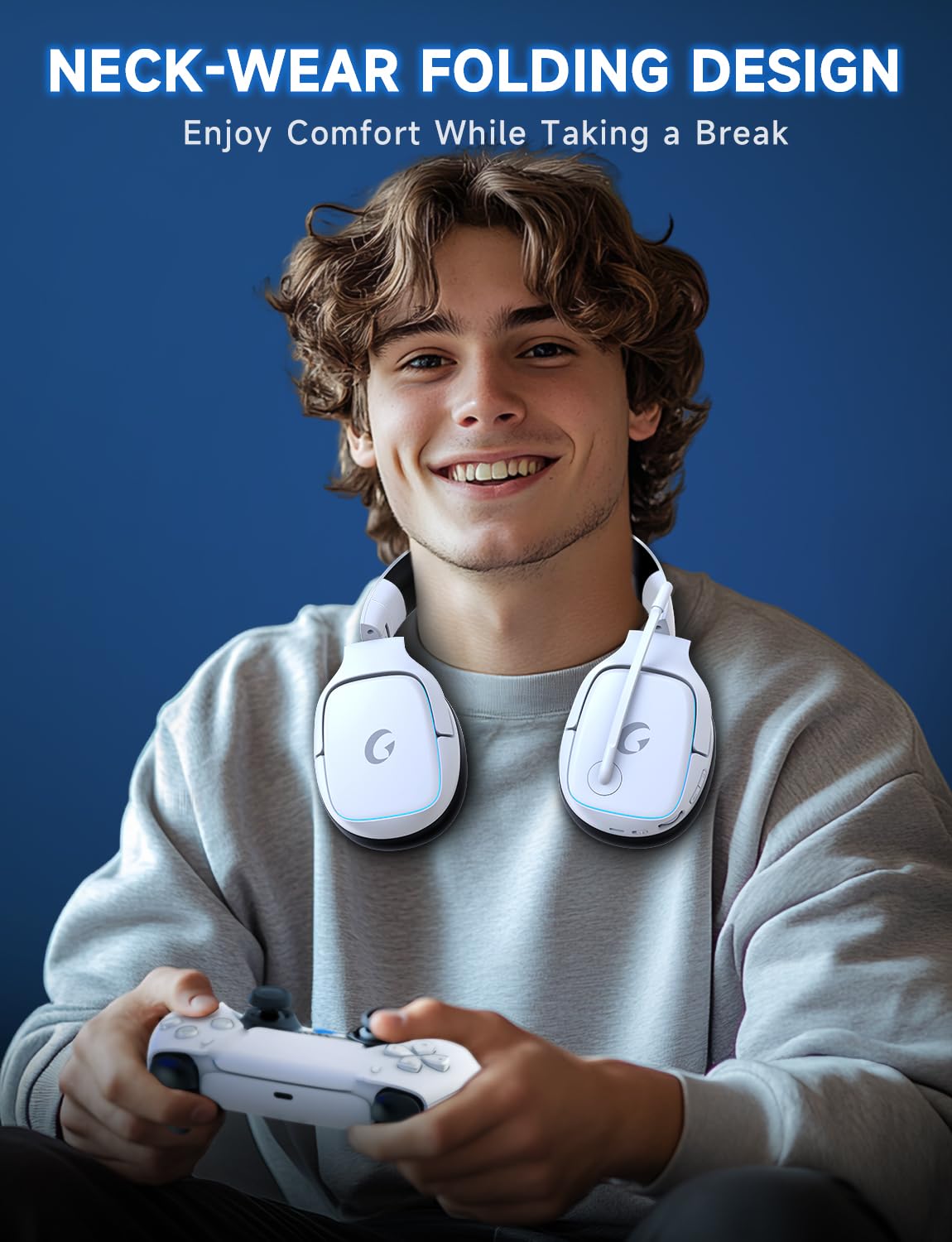Gvyugke 2.4GHz Wireless Gaming Headsets for PS5, PS4, PC, Switch - Bluetooth 5.3 Gaming Headphones with Noise Canceling Mic, 7.1 Surround Sound, 70H Battery, Gaming Lighting - White