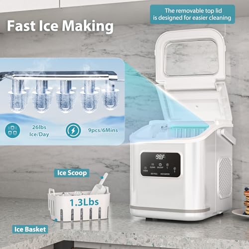 Electactic Ice Maker Machine countertop Self Cleaning Portable Compact Small Bullet Ice Maker with Digital Screen,9 Cubes in 6 Mins,26lbs in 24Hrs,for Camping Dorm Home Outdoor(White)