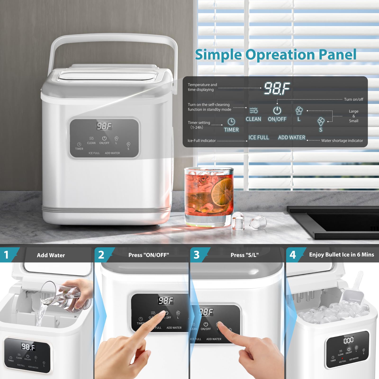 Electactic Ice Maker Machine countertop Self Cleaning Portable Compact Small Bullet Ice Maker with Digital Screen,9 Cubes in 6 Mins,26lbs in 24Hrs,for Camping Dorm Home Outdoor(White)