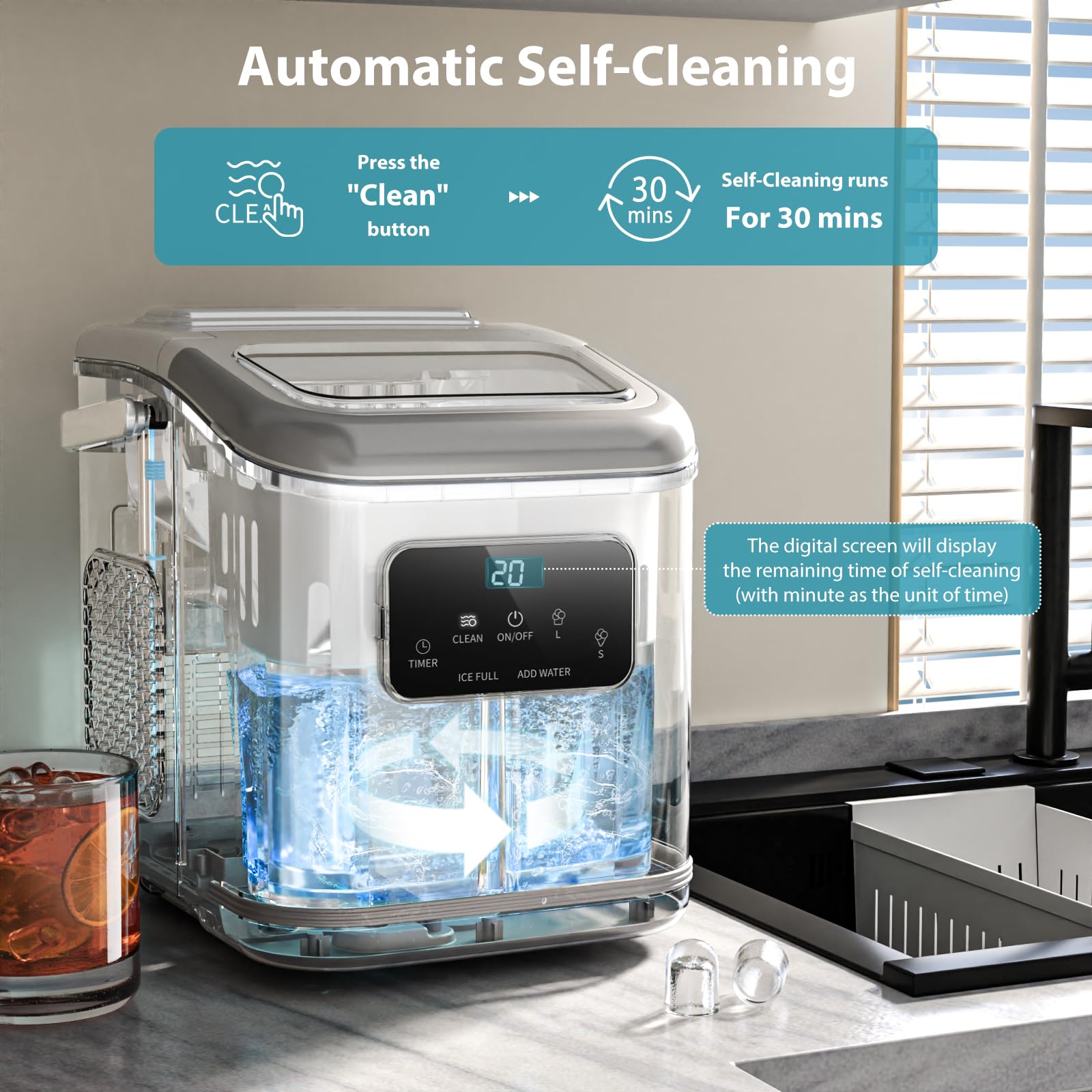 Electactic Ice Maker Machine countertop Self Cleaning Portable Compact Small Bullet Ice Maker with Digital Screen,9 Cubes in 6 Mins,26lbs in 24Hrs,for Camping Dorm Home Outdoor(White)