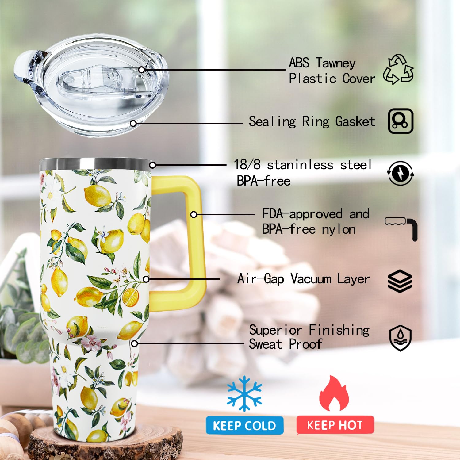 30 oz Stainless Steel Tumbler with lid and Straw,Yellow CoffeeTravel Mug Cup Water Botter, Lemon Gifts for Lemon Lovers