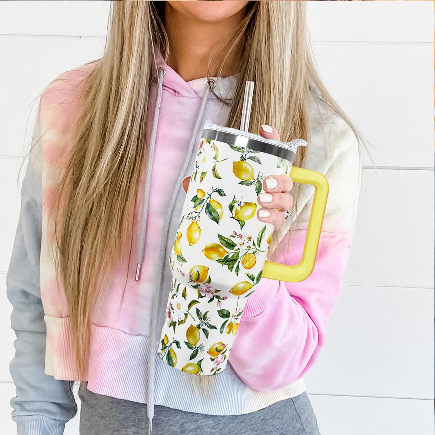 30 oz Stainless Steel Tumbler with lid and Straw,Yellow CoffeeTravel Mug Cup Water Botter, Lemon Gifts for Lemon Lovers