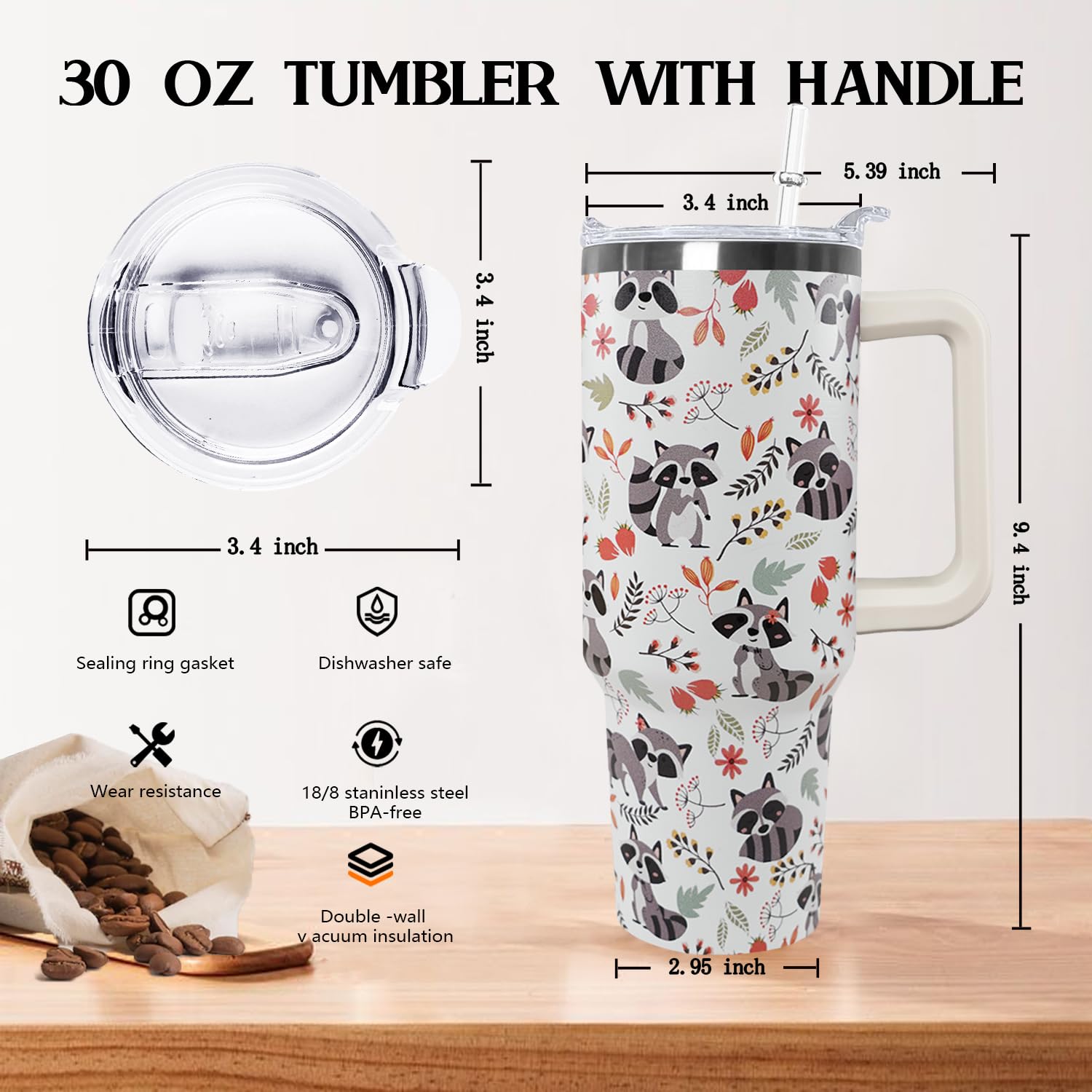 wmvhdiw 30 Oz Racoon Tumbler With Handle, Racoon Decor Coffee Travel Mug Cup Water Bottle, Gifts for Women