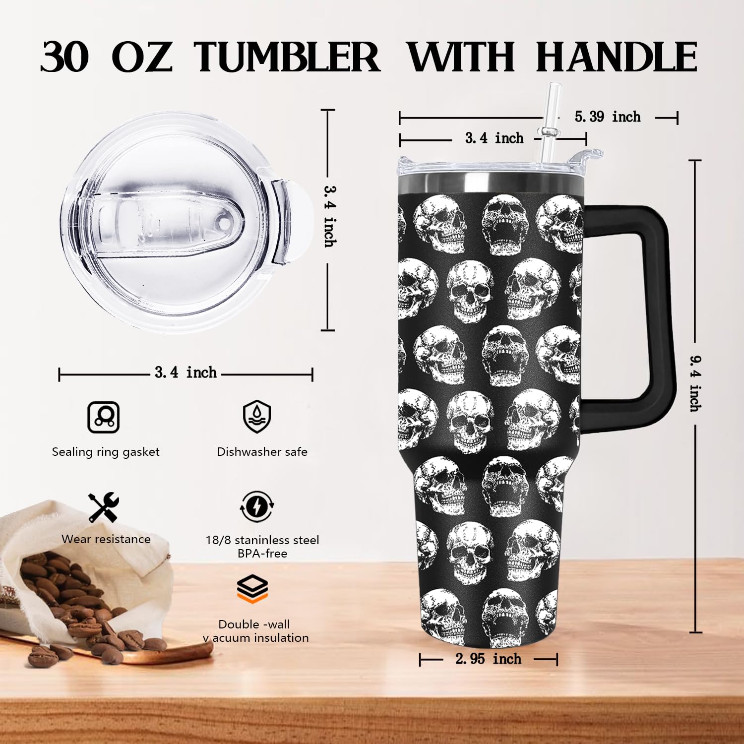 30oz Skull Tumbler with Handle Lid and Straw, Goth Halloween Decor Stuff for Women,Goth Halloween Decor Witch Skull Stuff
