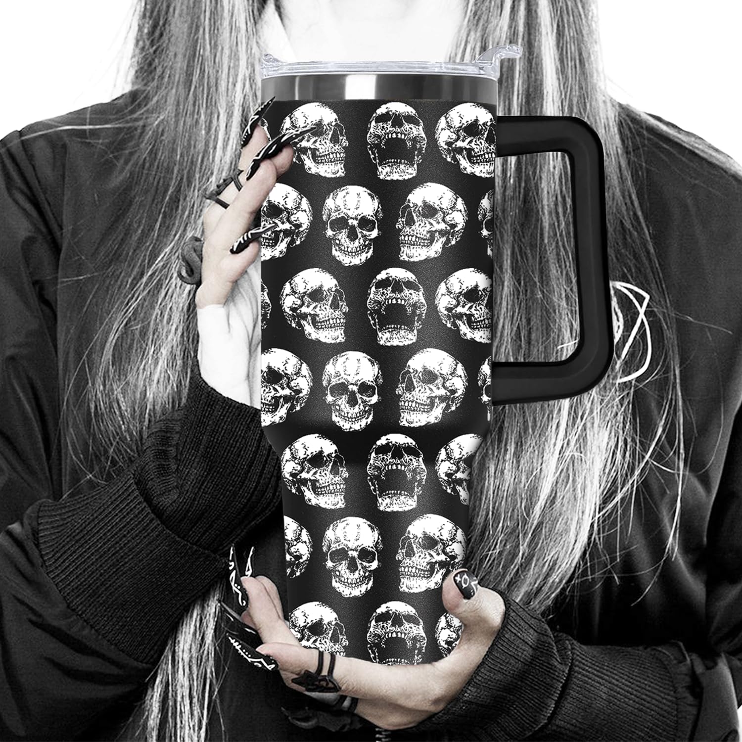 30oz Skull Tumbler with Handle Lid and Straw, Goth Halloween Decor Stuff for Women,Goth Halloween Decor Witch Skull Stuff