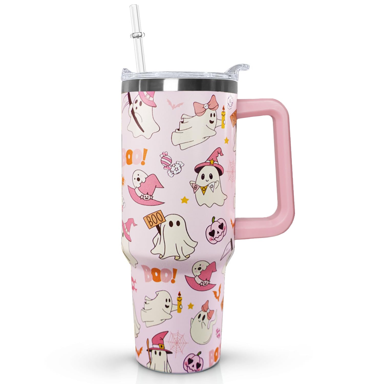 wmvhdiw 30 oz Pink Boo Tumbler Insulated Stainless Tumbler,Halloween Goth Ghost Travel Coffee Cup Water Botter, Witch Goth Decor Halloween Gifts For Women