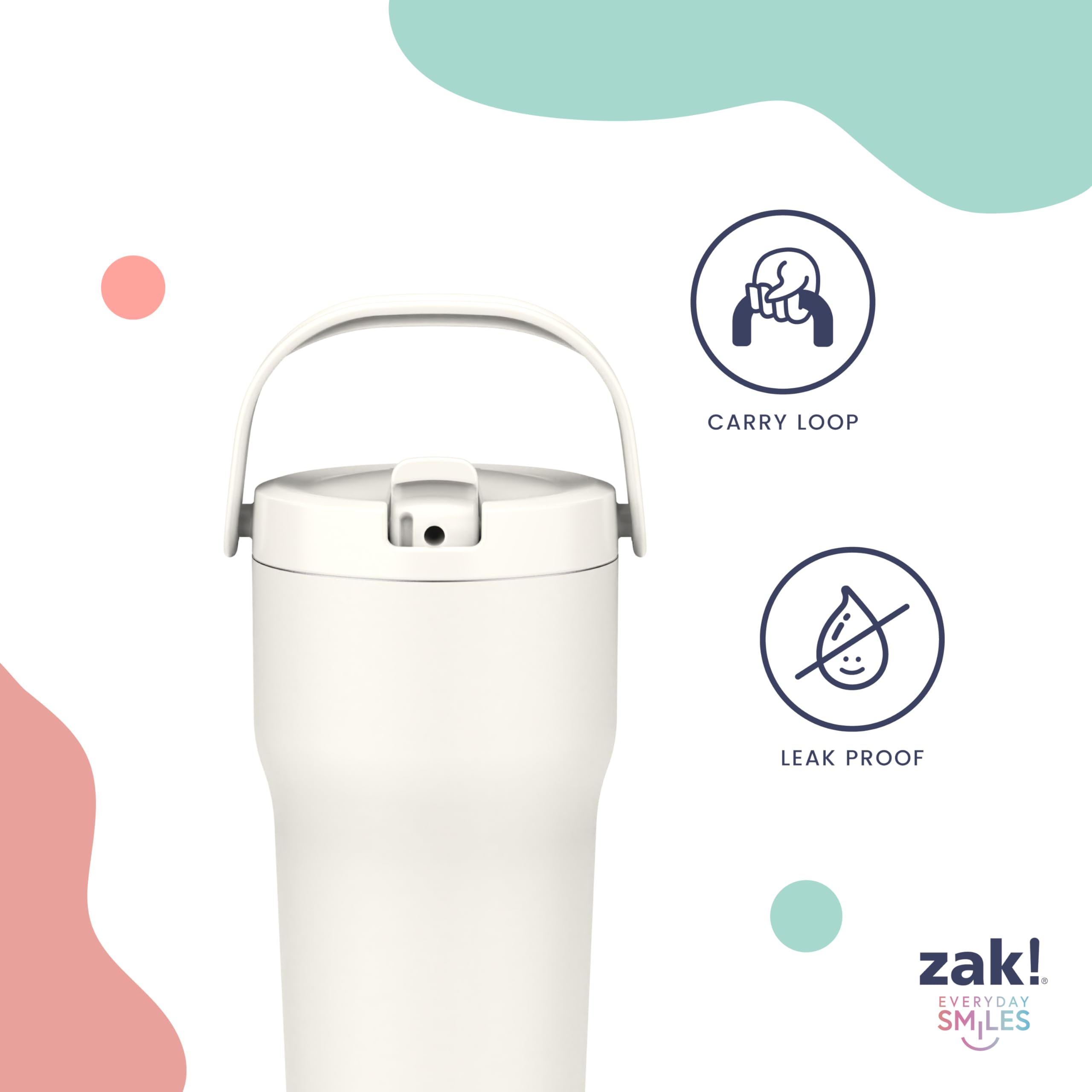 Zak Designs Sutton Travel Tumbler for On the Go, 30oz Stainless Steel with Vacuum Insulation, Straw Spout, Carry Handle for Cold Drinks (Ebony Black)