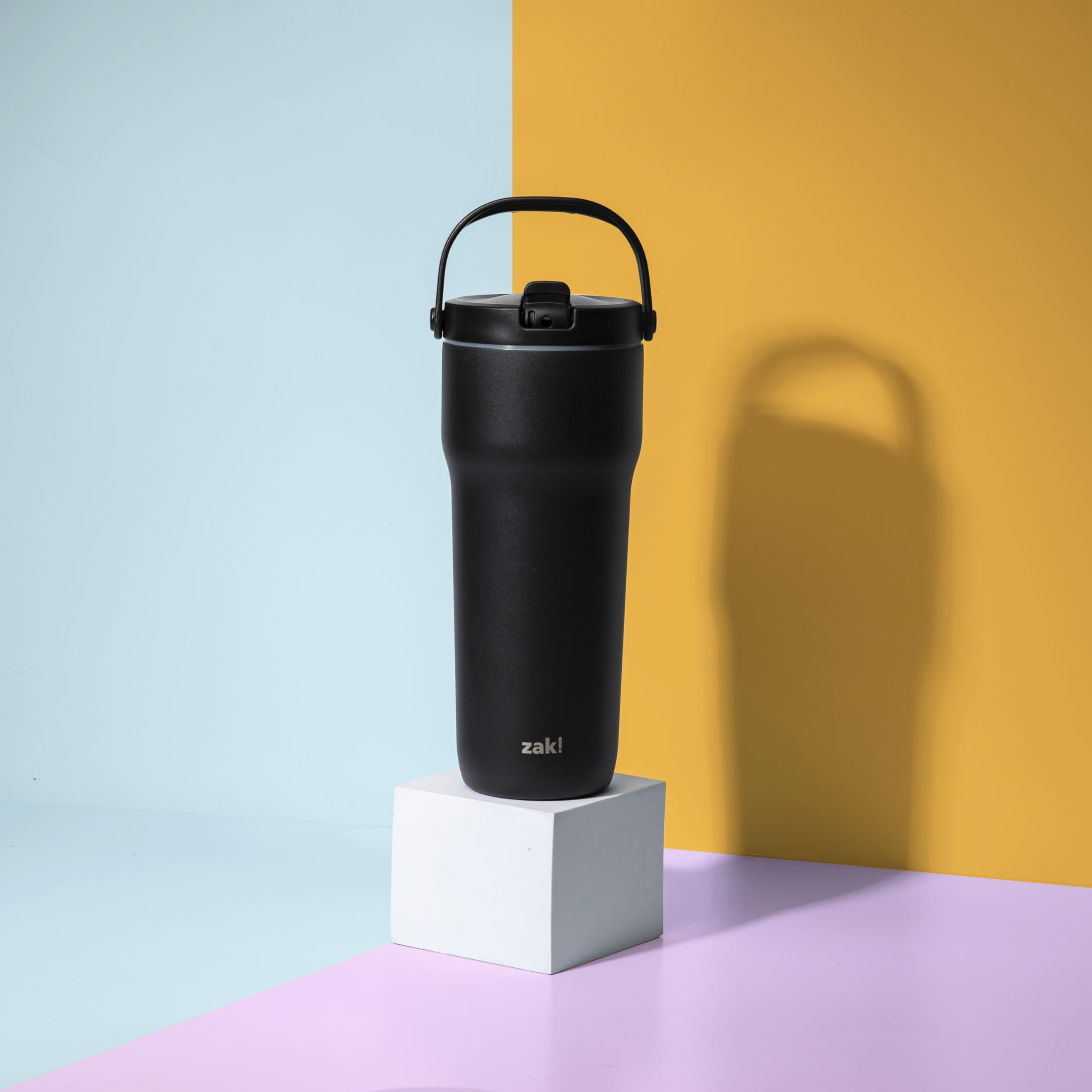 Zak Designs Sutton Travel Tumbler for On the Go, 30oz Stainless Steel with Vacuum Insulation, Straw Spout, Carry Handle for Cold Drinks (Ebony Black)