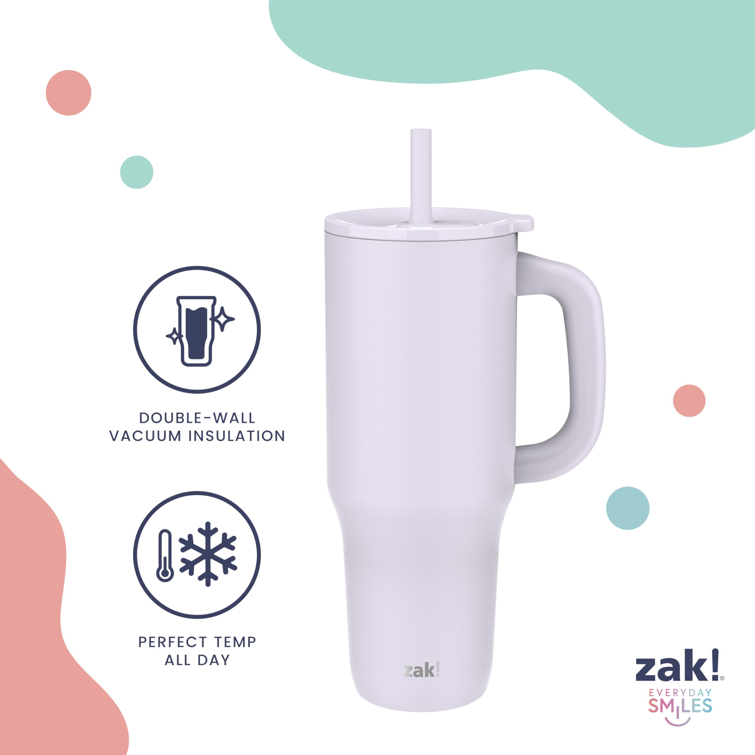 Zak Designs Sutton Travel Tumbler for On the Go, 40oz Stainless Steel with Vacuum Insulation, Silicone Straw, and Carry Handle for Cold Drinks (Cream White)