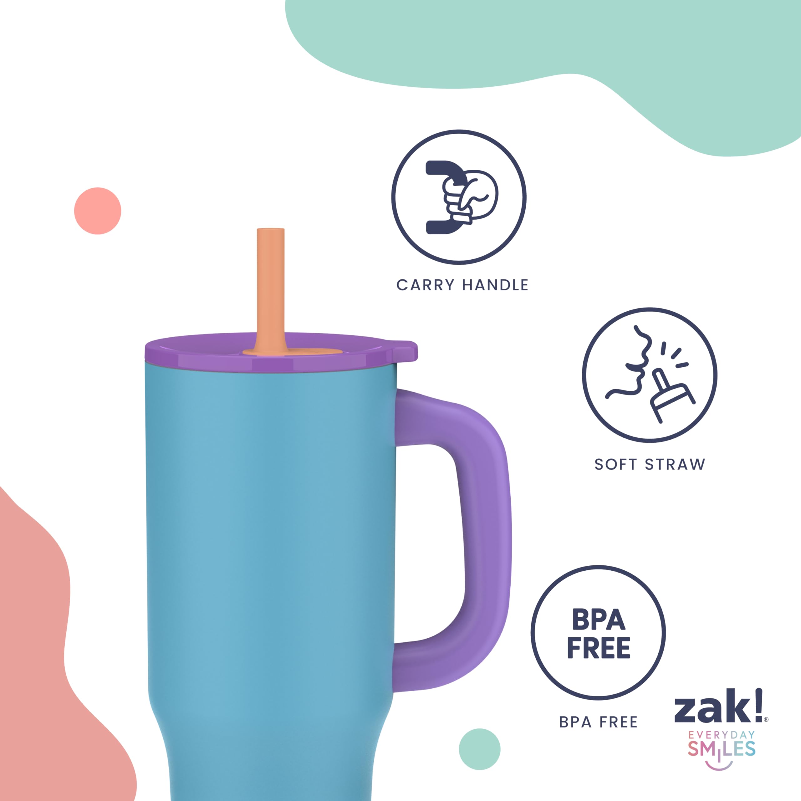 Zak Designs Sutton Travel Tumbler for On the Go, 40oz Stainless Steel with Vacuum Insulation, Silicone Straw, and Carry Handle for Cold Drinks (Cream White)