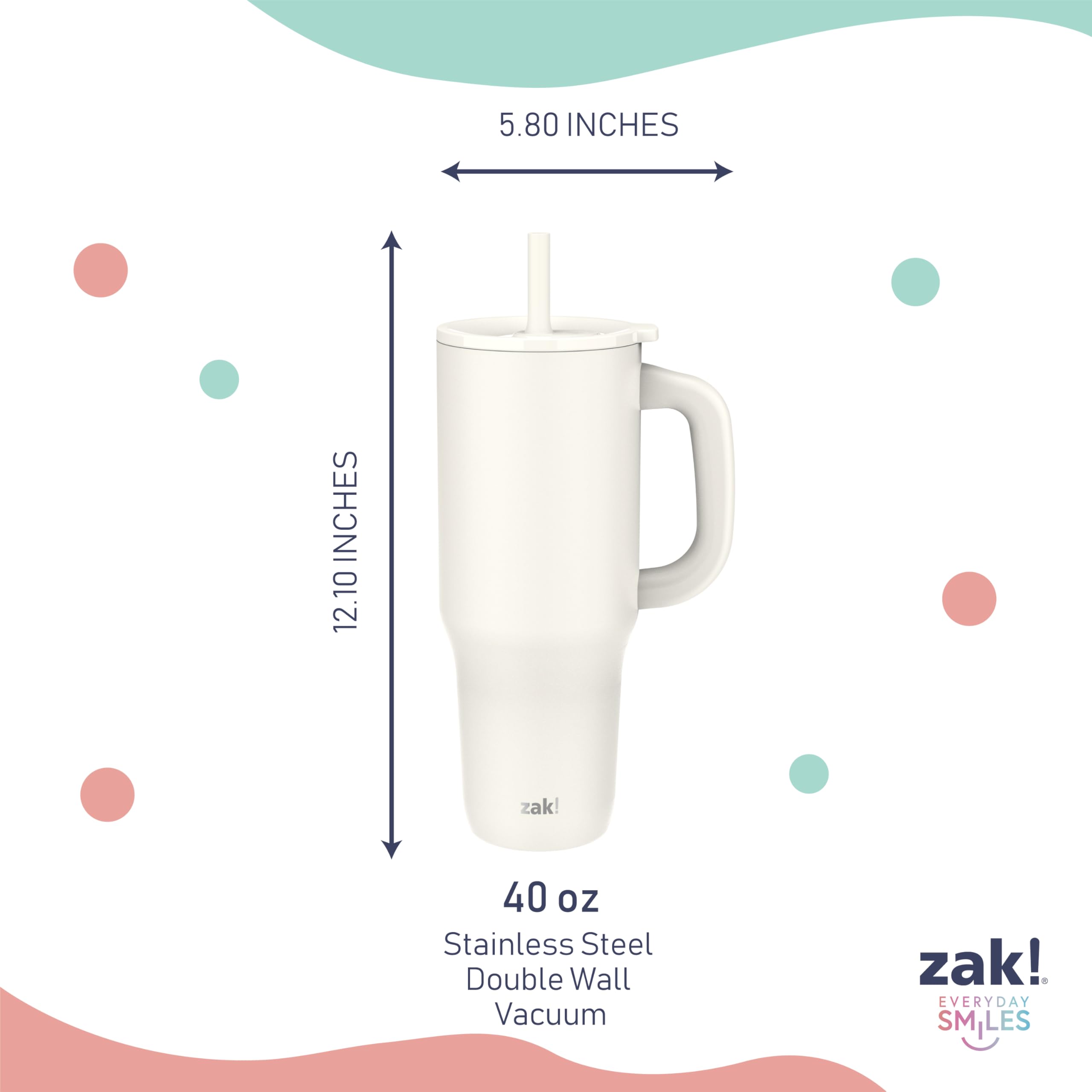 Zak Designs Sutton Travel Tumbler for On the Go, 40oz Stainless Steel with Vacuum Insulation, Silicone Straw, and Carry Handle for Cold Drinks (Cream White)