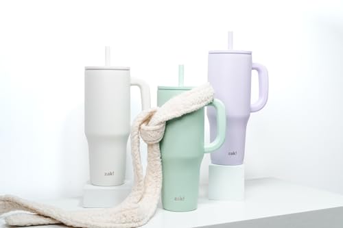 Zak Designs Sutton Travel Tumbler for On the Go, 40oz Stainless Steel with Vacuum Insulation, Silicone Straw, and Carry Handle for Cold Drinks (Cream White)