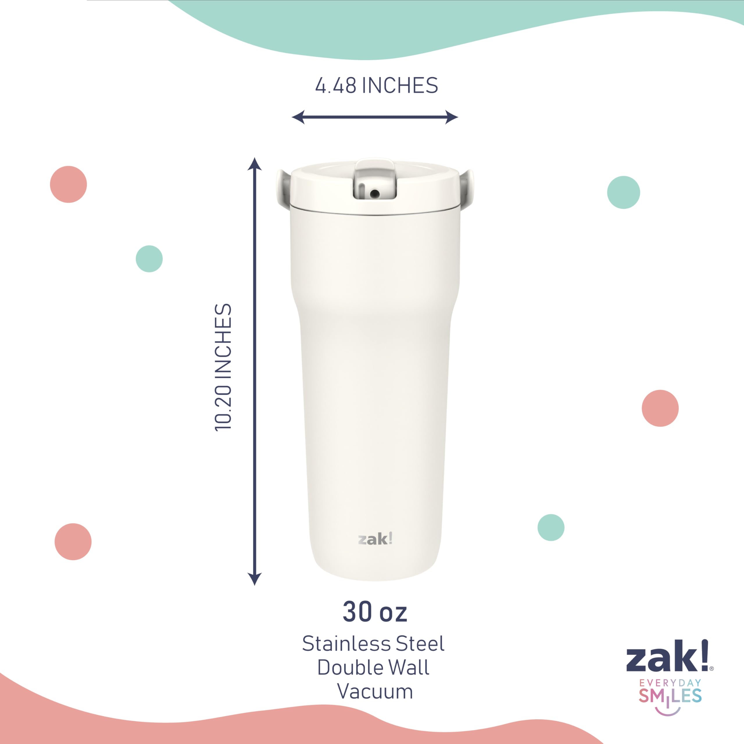Zak Designs Sutton Travel Tumbler for On the Go, 30oz Stainless Steel with Vacuum Insulation, Straw Spout, Carry Handle for Cold Drinks (Cream White)