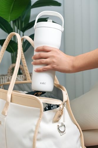 Zak Designs Sutton Travel Tumbler for On the Go, 30oz Stainless Steel with Vacuum Insulation, Straw Spout, Carry Handle for Cold Drinks (Cream White)