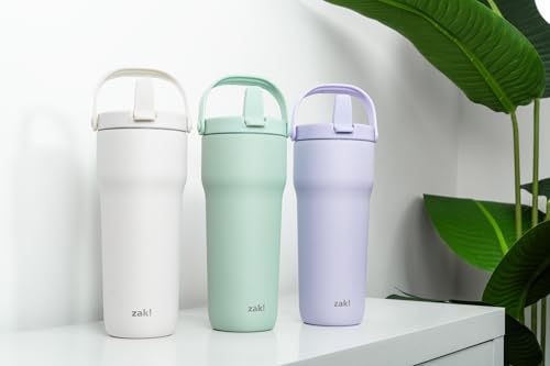 Zak Designs Sutton Travel Tumbler for On the Go, 30oz Stainless Steel with Vacuum Insulation, Straw Spout, Carry Handle for Cold Drinks (Cream White)