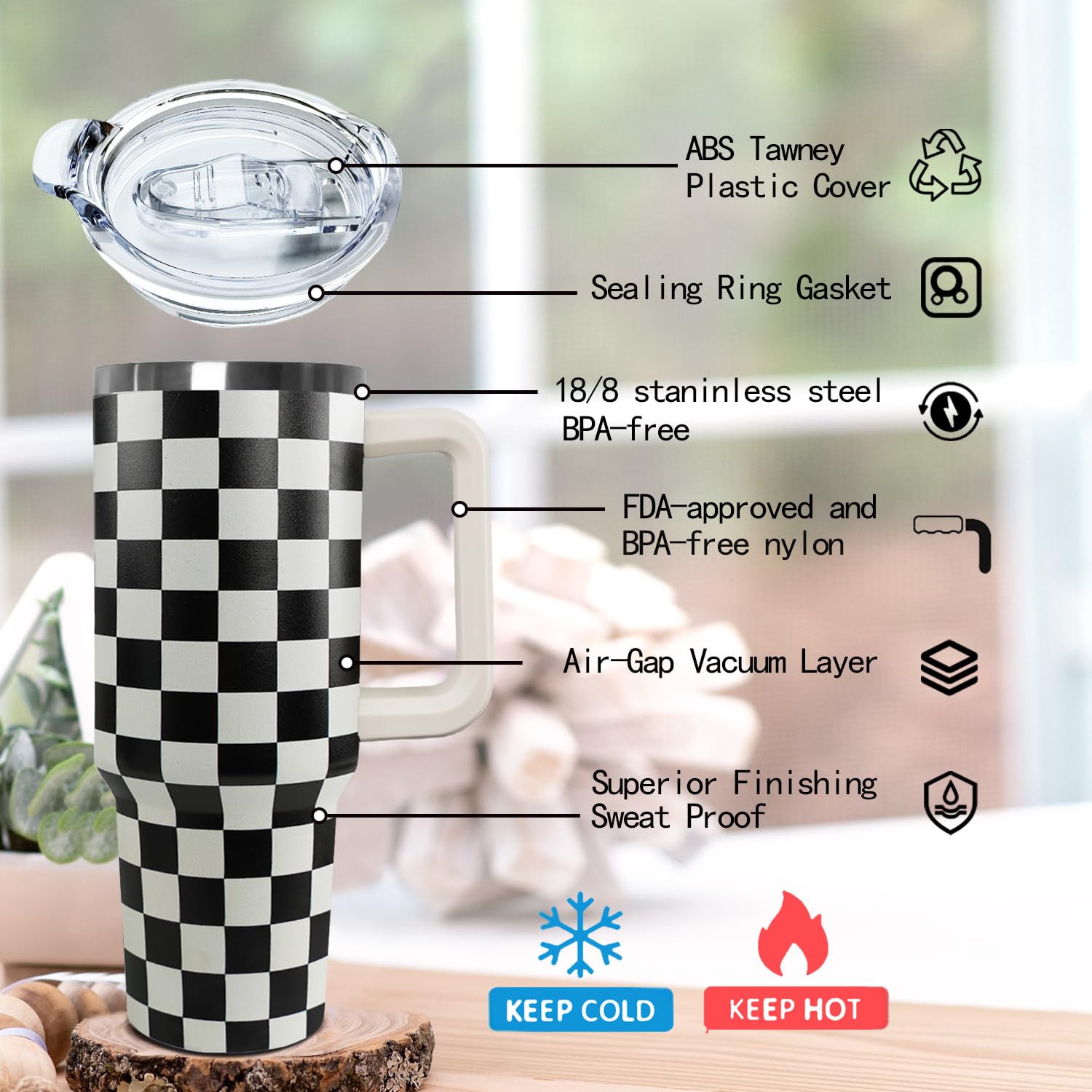 30 Oz Checkered Tumbler with Handle Lid and Straw, Checkered Tumbler Water Bottle Travel Coffee Cup Mug,Checkered Gifts for Women Men