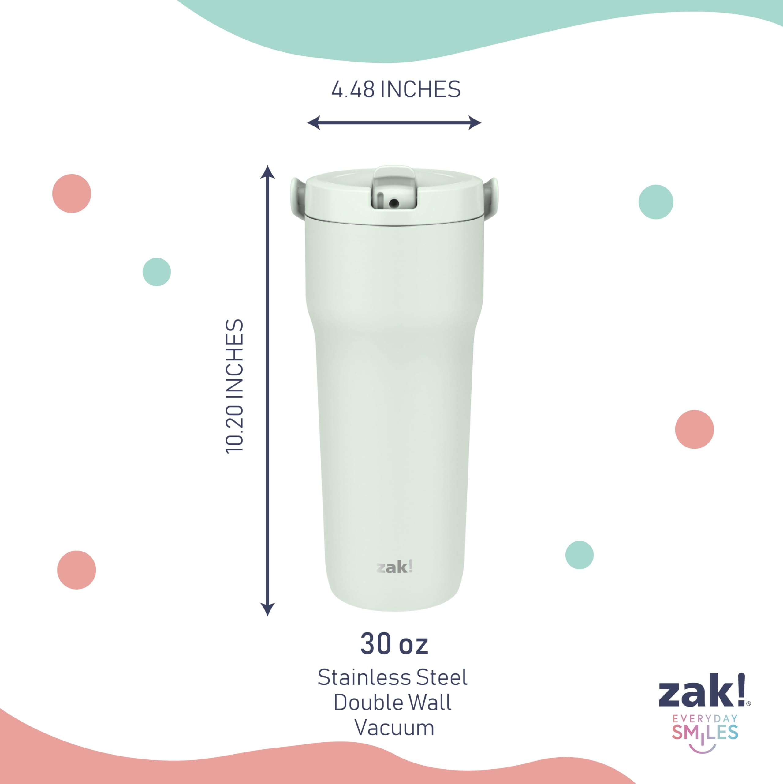 Zak Designs Sutton Travel Tumbler for On the Go, 30oz Stainless Steel with Vacuum Insulation, Straw Spout, Carry Handle for Cold Drinks (Icicle Mint Green)