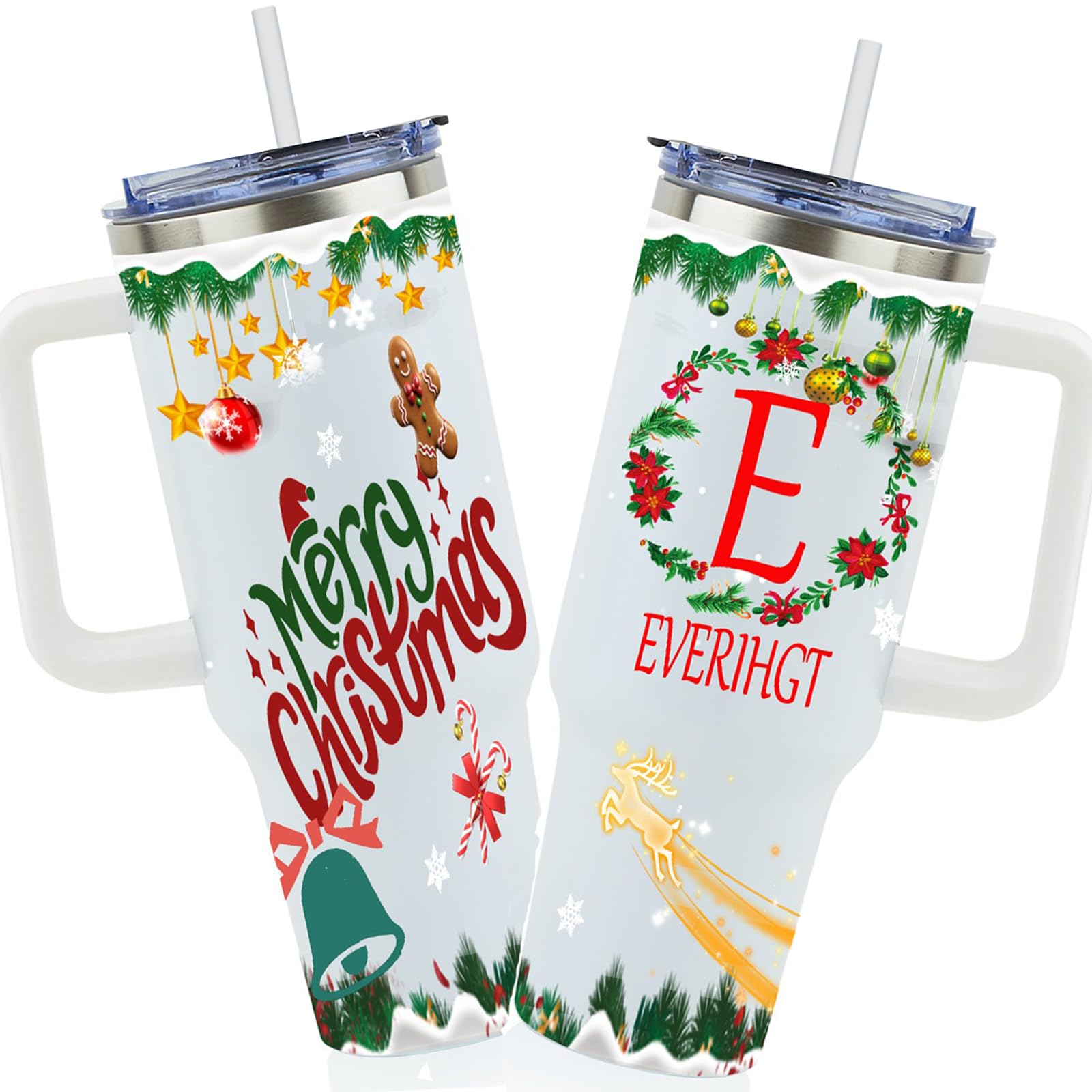 Custom Christmas Garland Tumbler - Personalized Name,Photo 40 Oz Tumbler with Handle Straw Lid,Insulated Xmas Tumbler Coffee Mug Stainless Steel Travel Mug Holiday Gifts for Kid Boy Girl Family