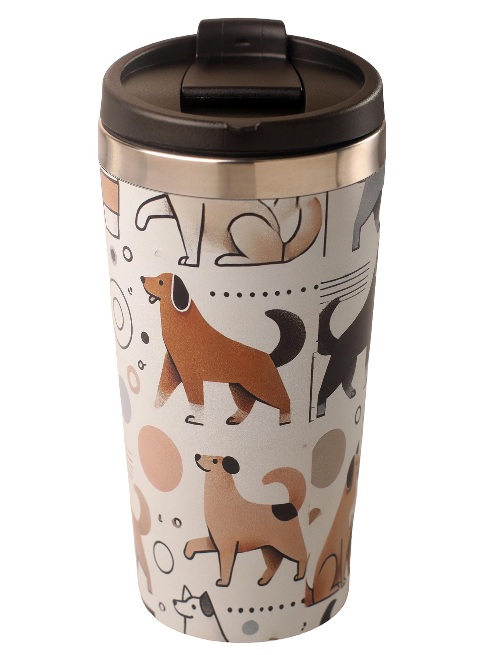 AetherSip 15 oz Dog Print Insulated Travel Mug; Cone-Shaped Stainless Steel Tumbler; Spill-Proof Flip Lid; Ideal for Coffee, Tea, and Cold Beverages