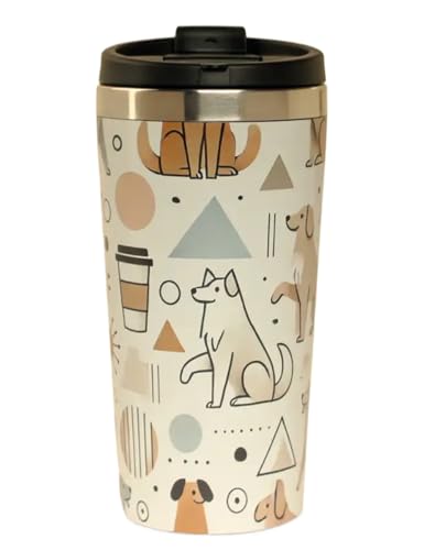 AetherSip 15 oz Dog Print Insulated Travel Mug; Cone-Shaped Stainless Steel Tumbler; Spill-Proof Flip Lid; Ideal for Coffee, Tea, and Cold Beverages