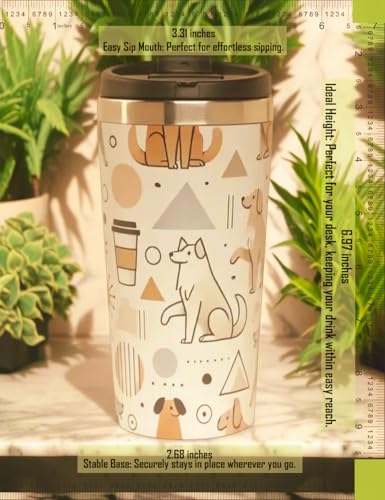 AetherSip 15 oz Dog Print Insulated Travel Mug; Cone-Shaped Stainless Steel Tumbler; Spill-Proof Flip Lid; Ideal for Coffee, Tea, and Cold Beverages