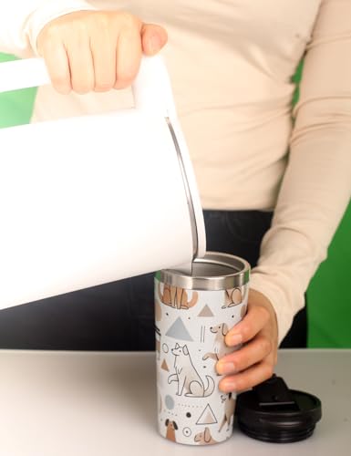 AetherSip 15 oz Dog Print Insulated Travel Mug; Cone-Shaped Stainless Steel Tumbler; Spill-Proof Flip Lid; Ideal for Coffee, Tea, and Cold Beverages