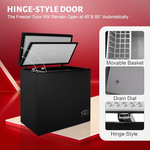 7.0 Cubic Feet Chest Freezer, Deep Freezer with 2 Removable Basket, 6 Adjustable Thermostat (Down to -18°F), Easy Front Defrost Drain, Compact Freezers Free Standing Top Open Door for Homes, Black