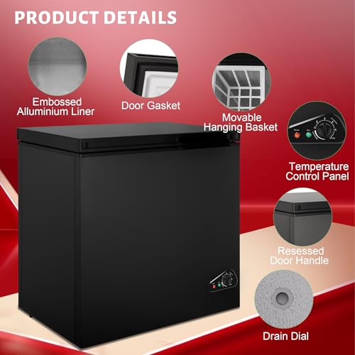 7.0 Cubic Feet Chest Freezer, Deep Freezer with 2 Removable Basket, 6 Adjustable Thermostat (Down to -18°F), Easy Front Defrost Drain, Compact Freezers Free Standing Top Open Door for Homes, Black