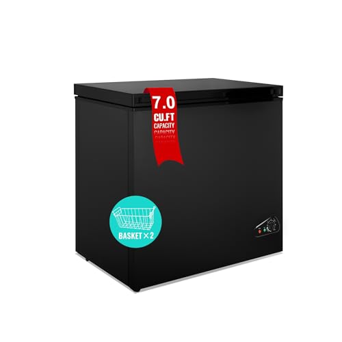 7.0 Cubic Feet Chest Freezer, Deep Freezer with 2 Removable Basket, 6 Adjustable Thermostat (Down to -18°F), Easy Front Defrost Drain, Compact Freezers Free Standing Top Open Door for Homes, Black