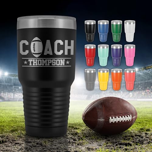 Personalized Football Coach Tumbler Cup With Coach Name - Customized Football Coach Gift - Custom Football Coach Travel Mug - Black