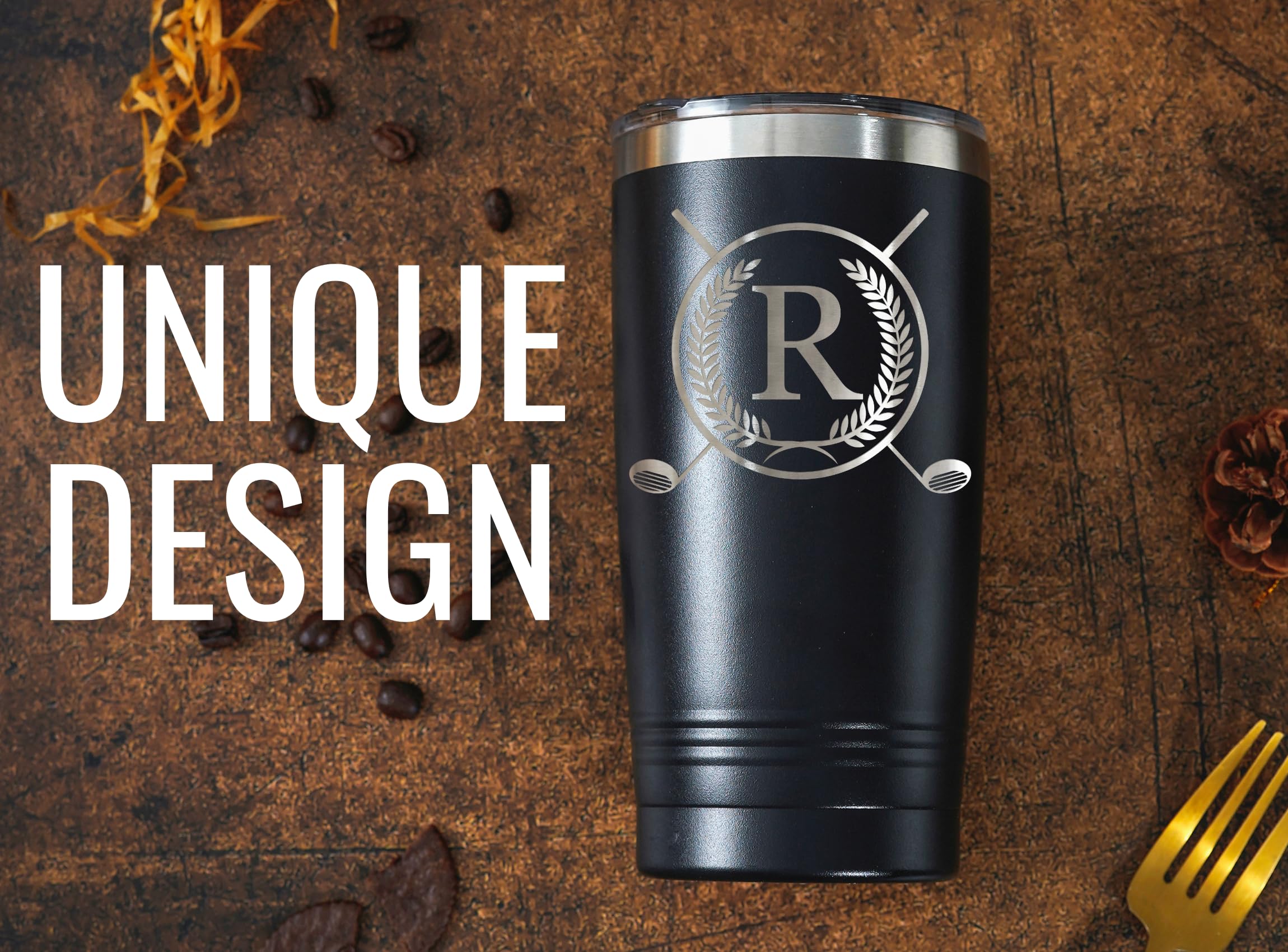 Onebttl Golf Gifts for Men With Initial - 20oz Travel Mug With Golf Design, Perfect for Golfers & Lovers, Birthday, Christmas - R
