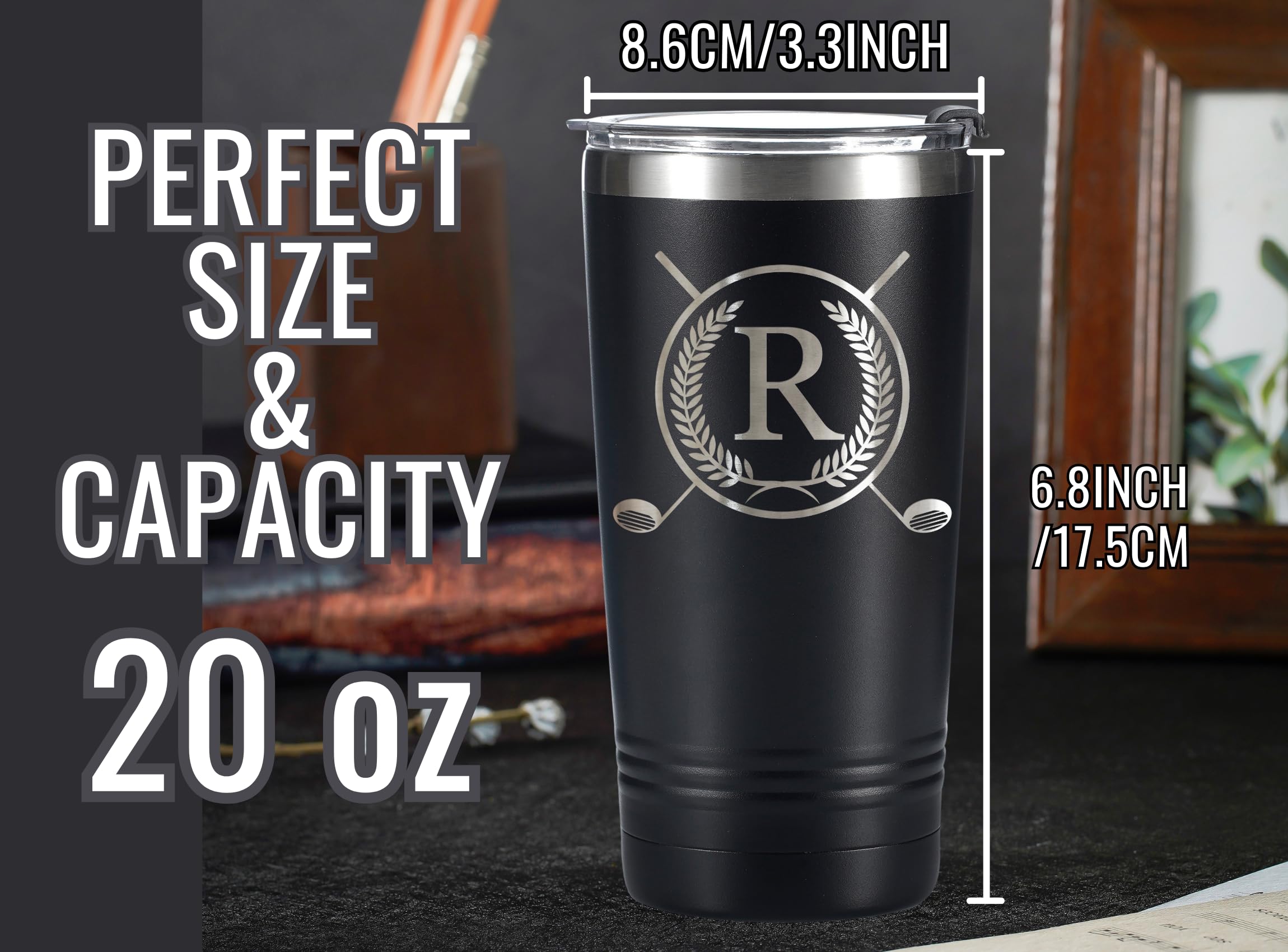 Onebttl Golf Gifts for Men With Initial - 20oz Travel Mug With Golf Design, Perfect for Golfers & Lovers, Birthday, Christmas - R