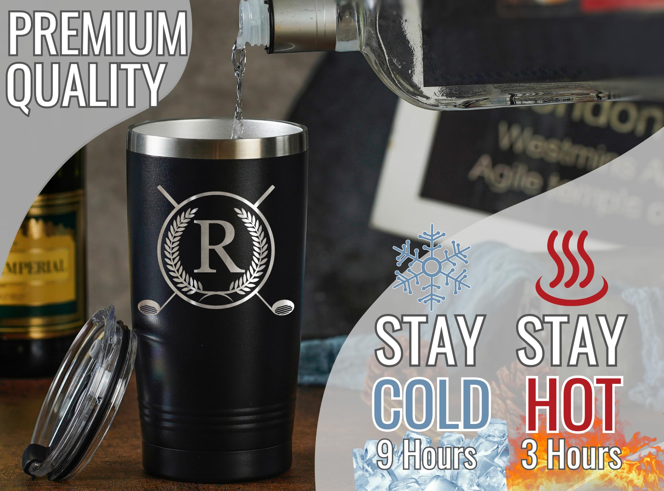 Onebttl Golf Gifts for Men With Initial - 20oz Travel Mug With Golf Design, Perfect for Golfers & Lovers, Birthday, Christmas - R