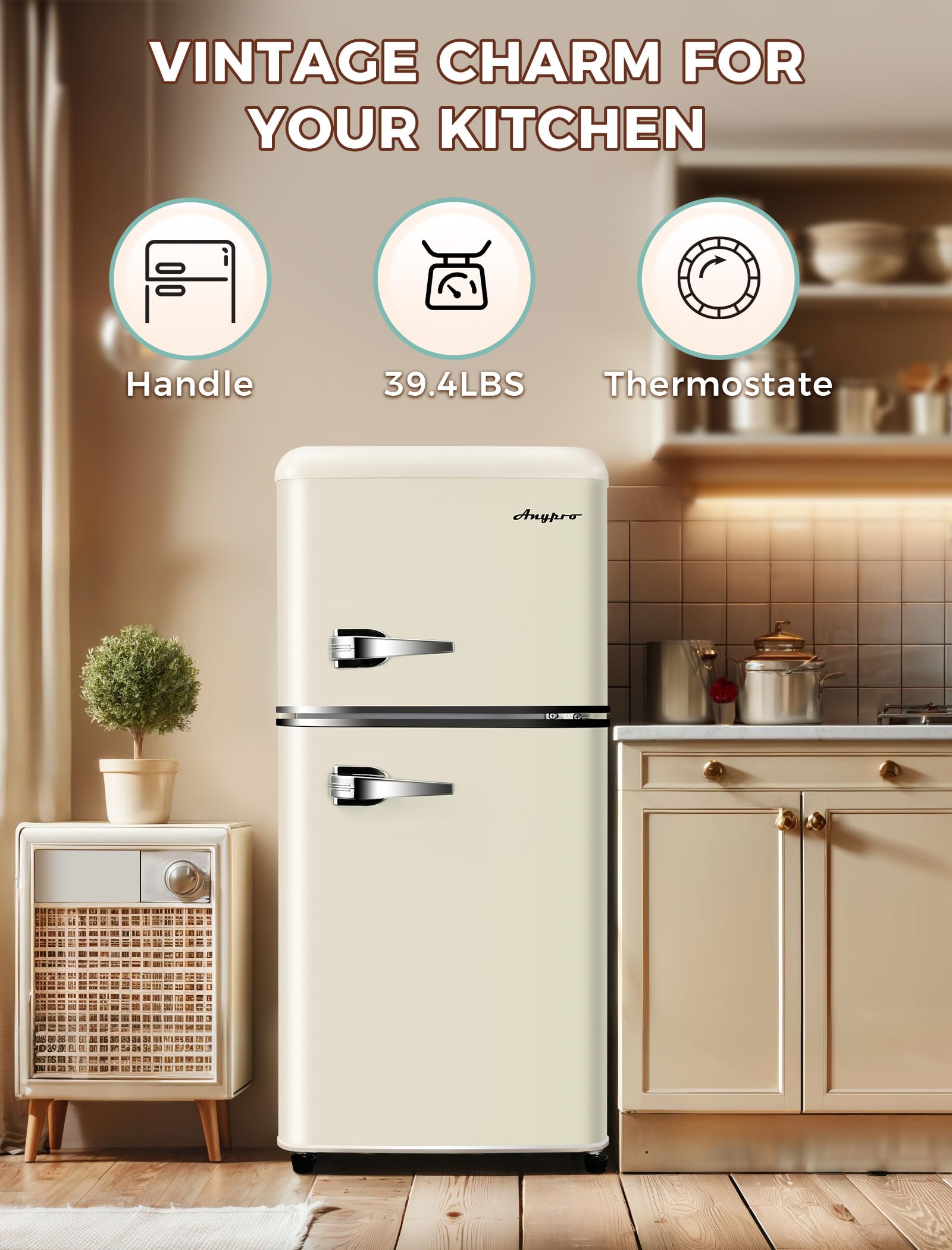 Anypro 3.2 Cu.Ft Fridge with Freezer, 2 Door Retro Refrigerator with 7 Level Thermostat, Adjustable Removable Glass Shelves for Bedroom Office Apartment Dorm Bar, White