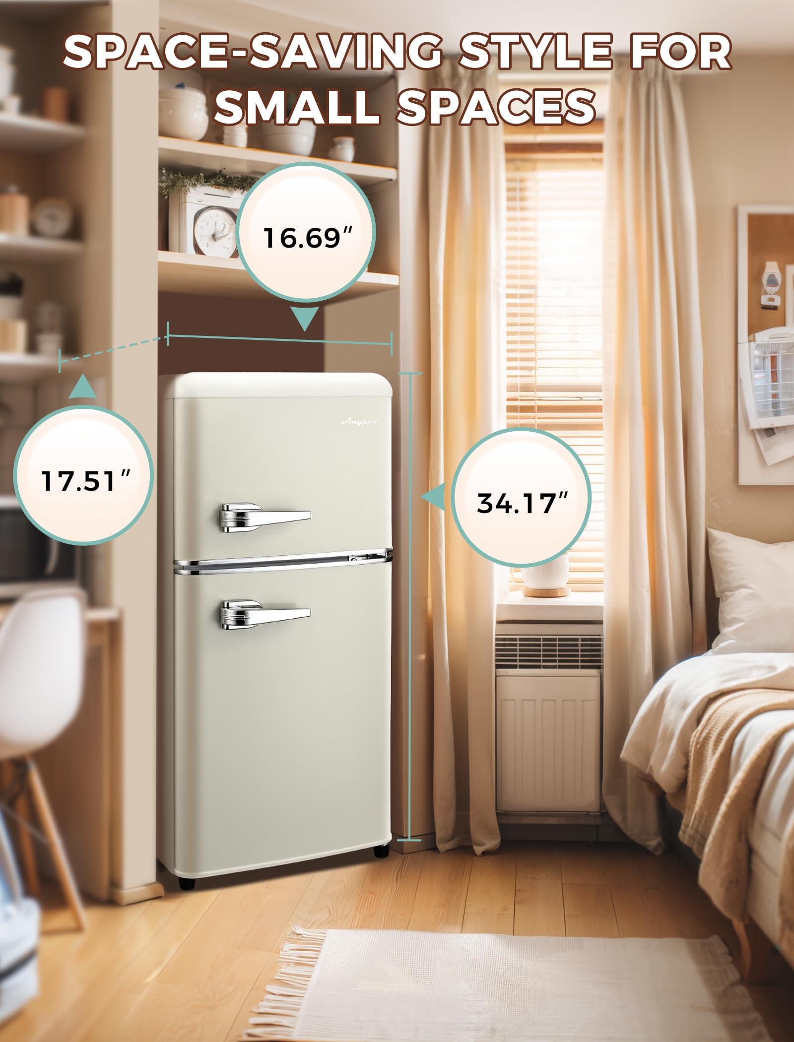Anypro 3.2 Cu.Ft Fridge with Freezer, 2 Door Retro Refrigerator with 7 Level Thermostat, Adjustable Removable Glass Shelves for Bedroom Office Apartment Dorm Bar, White
