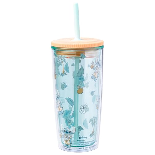 Silver Buffalo Disney Lilo and Stitch Featuring Stitch in Hawaiian Shirt, Lei, and Coconut Drink and Tropical Vibes Pattern Spill Resistant Plastic Tumbler and Straw, 20 Ounces