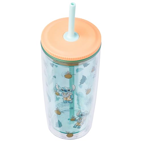 Silver Buffalo Disney Lilo and Stitch Featuring Stitch in Hawaiian Shirt, Lei, and Coconut Drink and Tropical Vibes Pattern Spill Resistant Plastic Tumbler and Straw, 20 Ounces