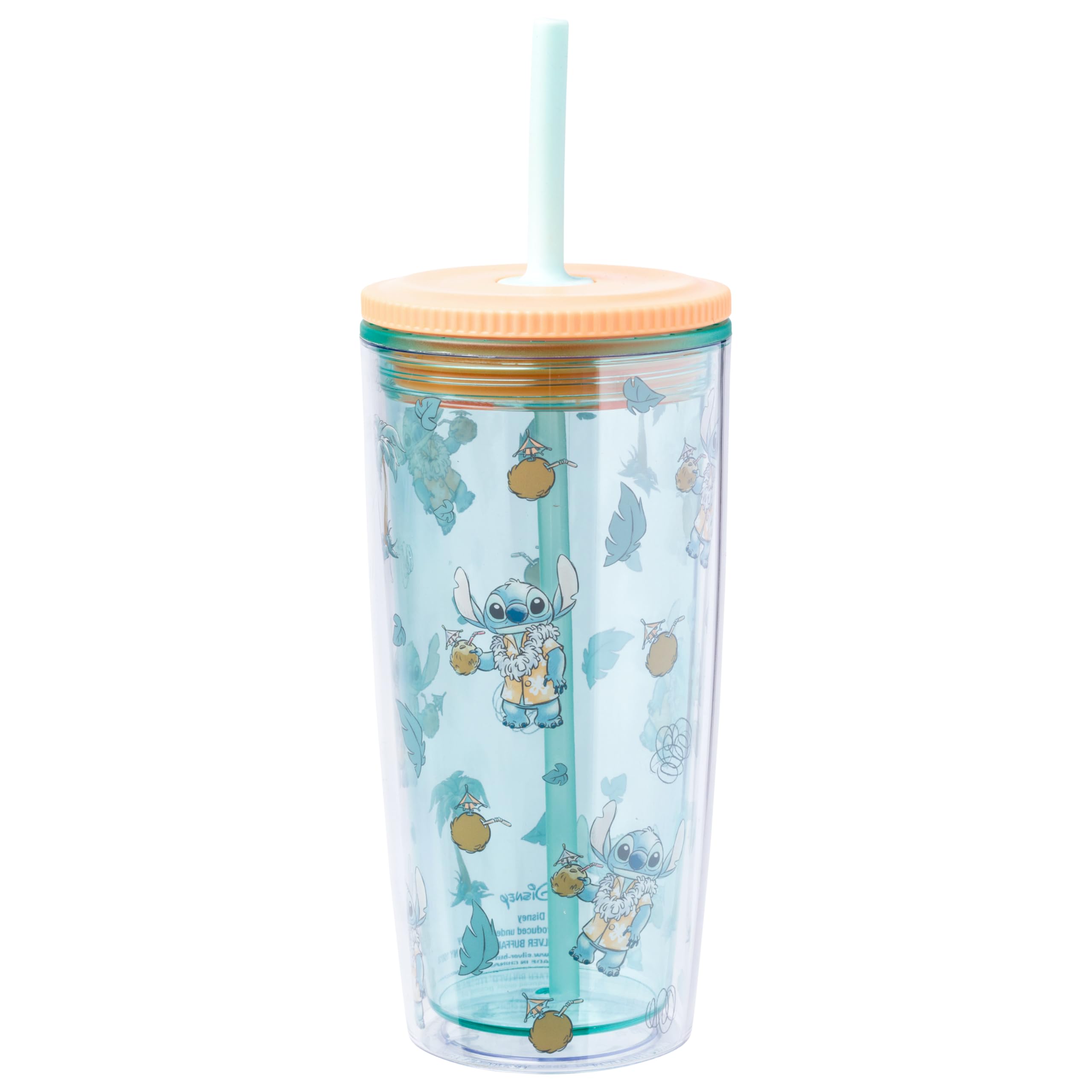 Silver Buffalo Disney Lilo and Stitch Featuring Stitch in Hawaiian Shirt, Lei, and Coconut Drink and Tropical Vibes Pattern Spill Resistant Plastic Tumbler and Straw, 20 Ounces