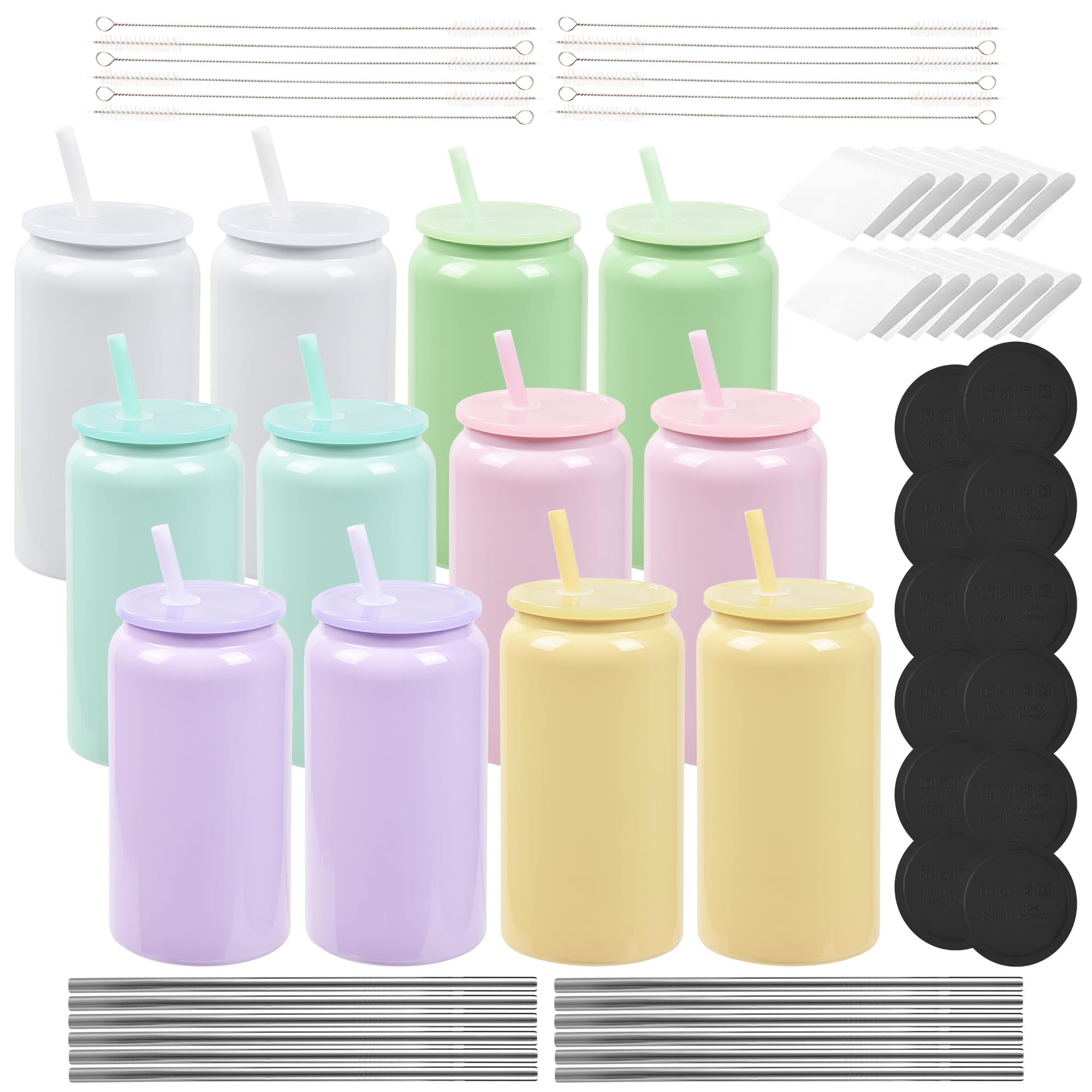 JYLJINGYULI 12 Pack Glass Cups with Lids and Straws, 16oz Stainless Steels Sublimation Tumbler Cups, Beer Cups, Iced Coffee Cups, Smoothie Cup for Whiskey, Soda, Tea, Water cups.