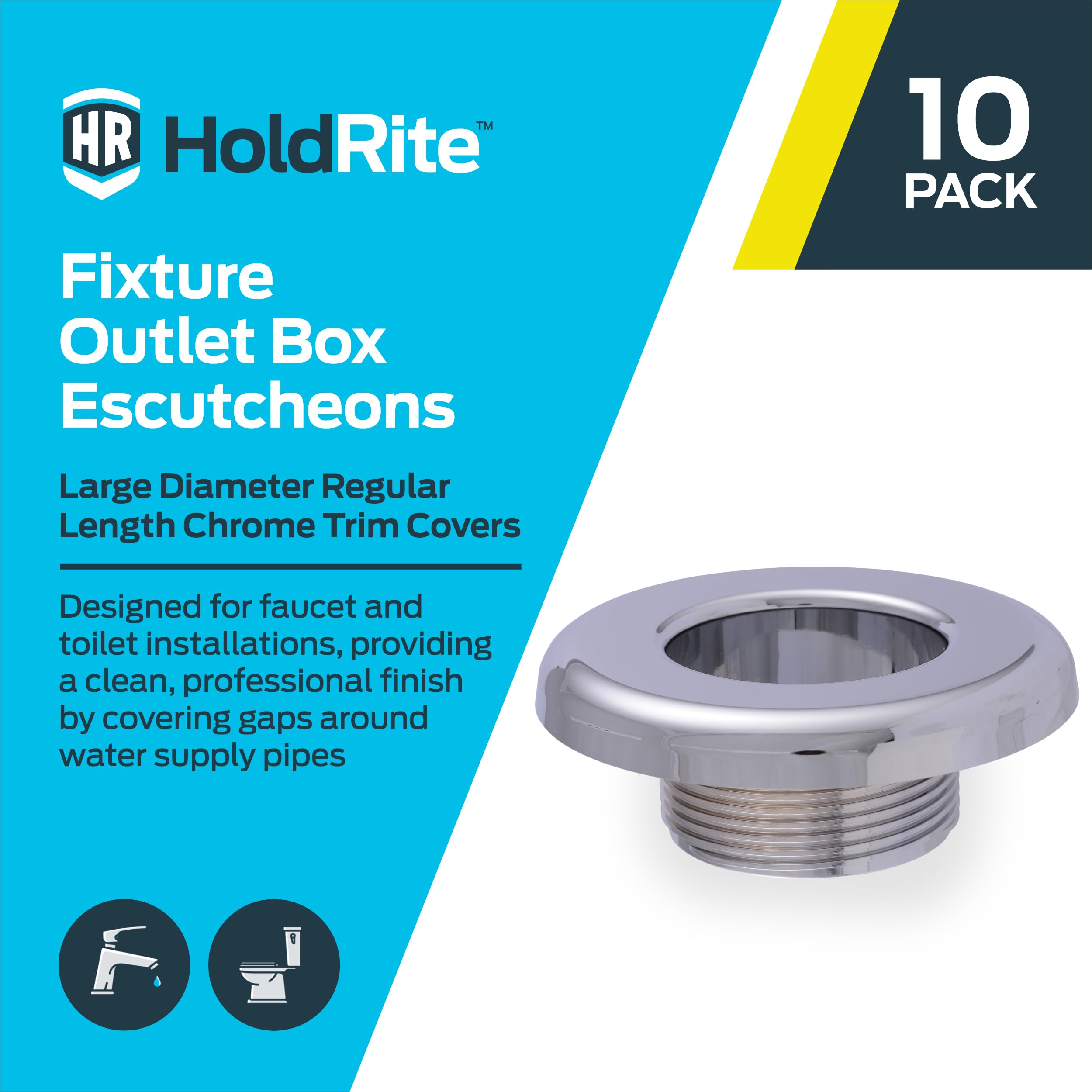 Holdrite Fixture Outlet Box Escutcheon, Pack of 10, Large Hole 3-3/4 Inch OD, Chrome Trim Cover, Copper, PEX, CPVC, HR-F-CHL