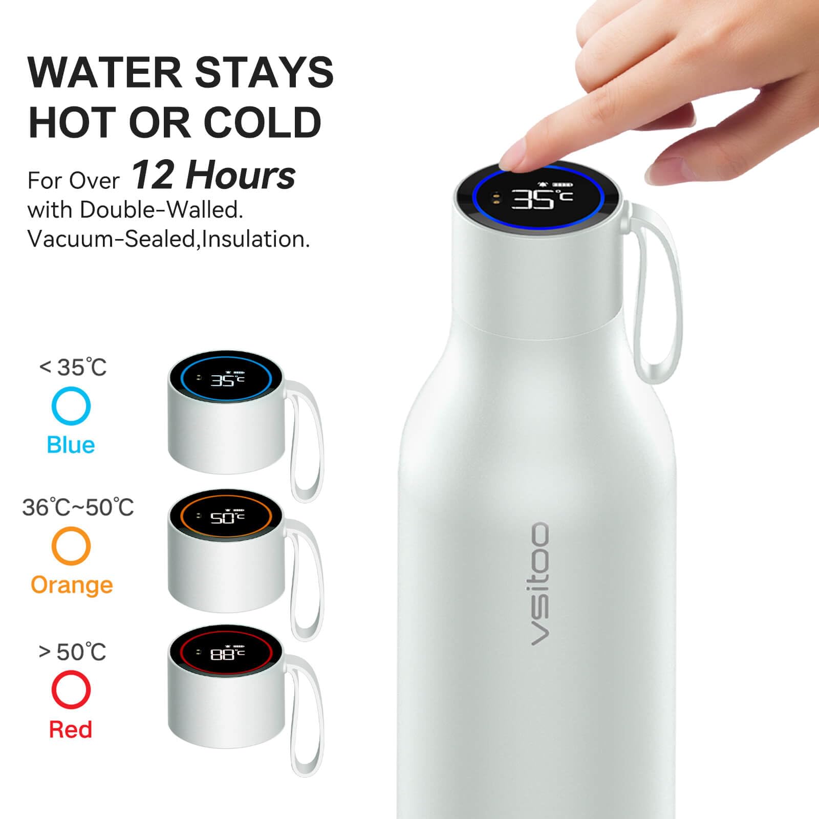 vsitoo Self-Cleaning Water Bottle, 33oz Insulated Stainless Steel BPA-Free Smart Water Bottle, Touch Screen APP Control & Auto-Cleaning, Thermal Flask for Travel, White