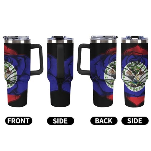 Rose Belizean Flag 40 Oz Tumbler with Handle And Straw Lid,Insulated Reusable Stainless Steel Travel Glass Mug 40 Ounces