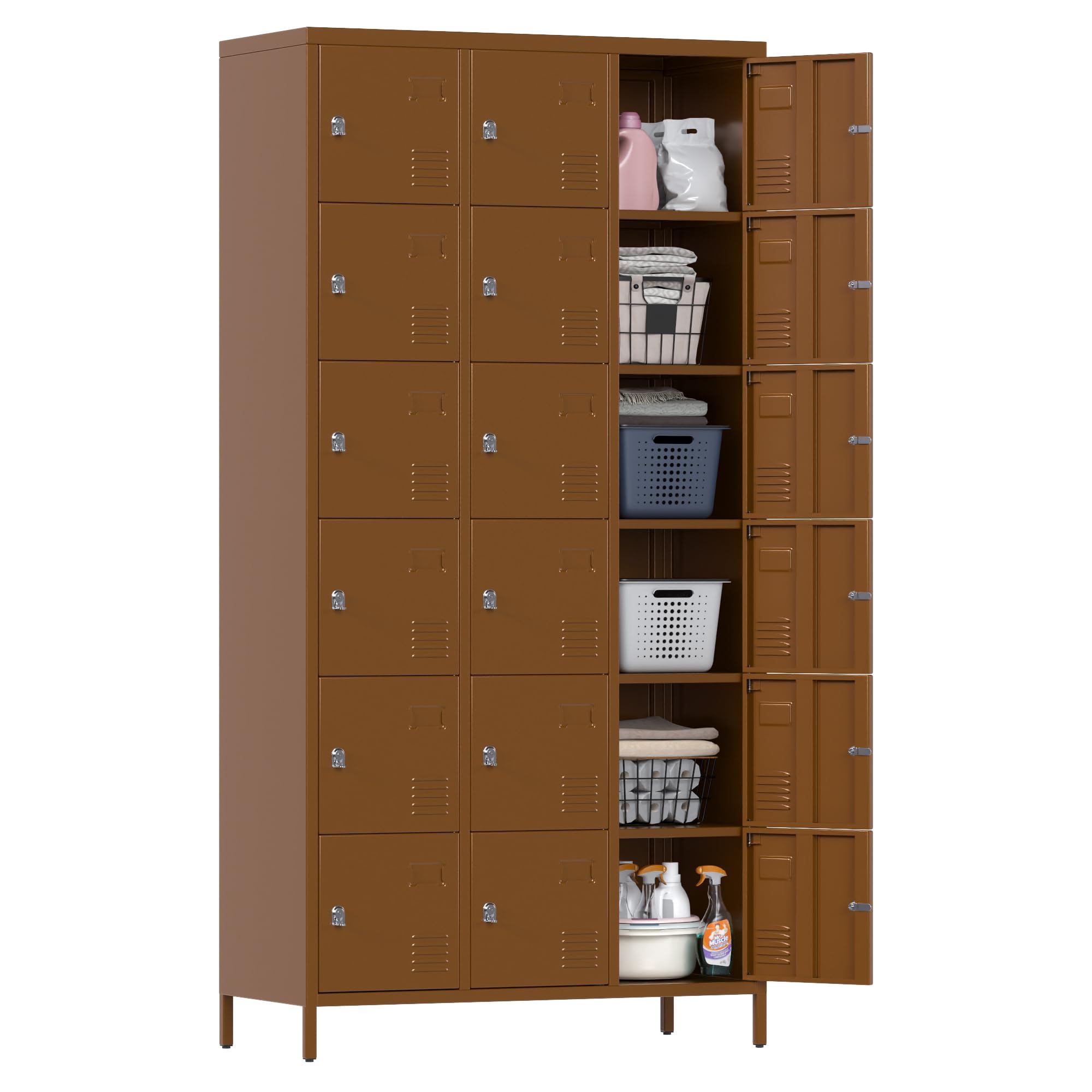 SUPEER Metal Storage Locker for Employees with 18 Doors,Employees Lockers with Lock for School Garage Office Gym Bedroom,Assembly Required,18 Doors Coffee Color