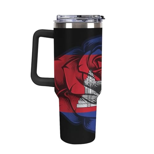 Rose Cambodians Flag 40 Oz Tumbler with Handle And Straw Lid,Insulated Reusable Stainless Steel Travel Glass Mug 40 Ounces