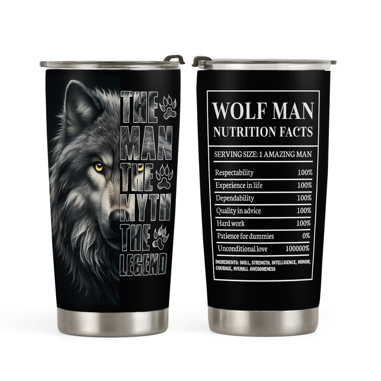 20oz Wolf Tumbler, Wolf Man Nutrition Fact The Man The Myth The Legend, Wolves Gifts, Coffee Thermos for Men, Stainless Steel Double Wall Vacuum Insulated Coffee Mug, Travel Cup with Lid
