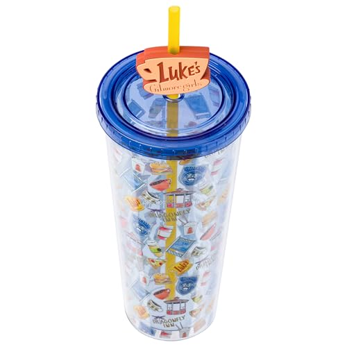 Silver Buffalo Gilmore Girls Iconic Destinations Featuring Luke's Diner, Stars Hollow, and Dragonfly Inn Plastic Cold Cup with Lid and Topper Straw, 24 Ounces