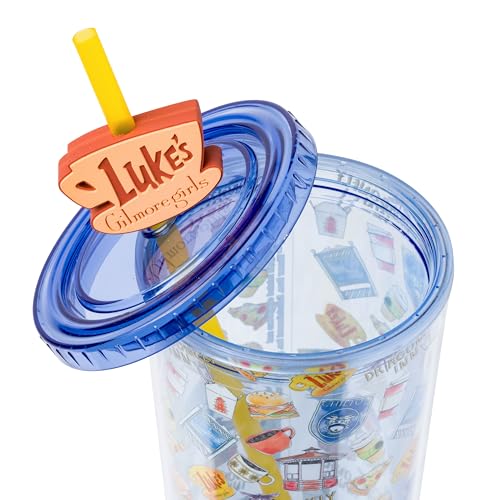 Silver Buffalo Gilmore Girls Iconic Destinations Featuring Luke's Diner, Stars Hollow, and Dragonfly Inn Plastic Cold Cup with Lid and Topper Straw, 24 Ounces