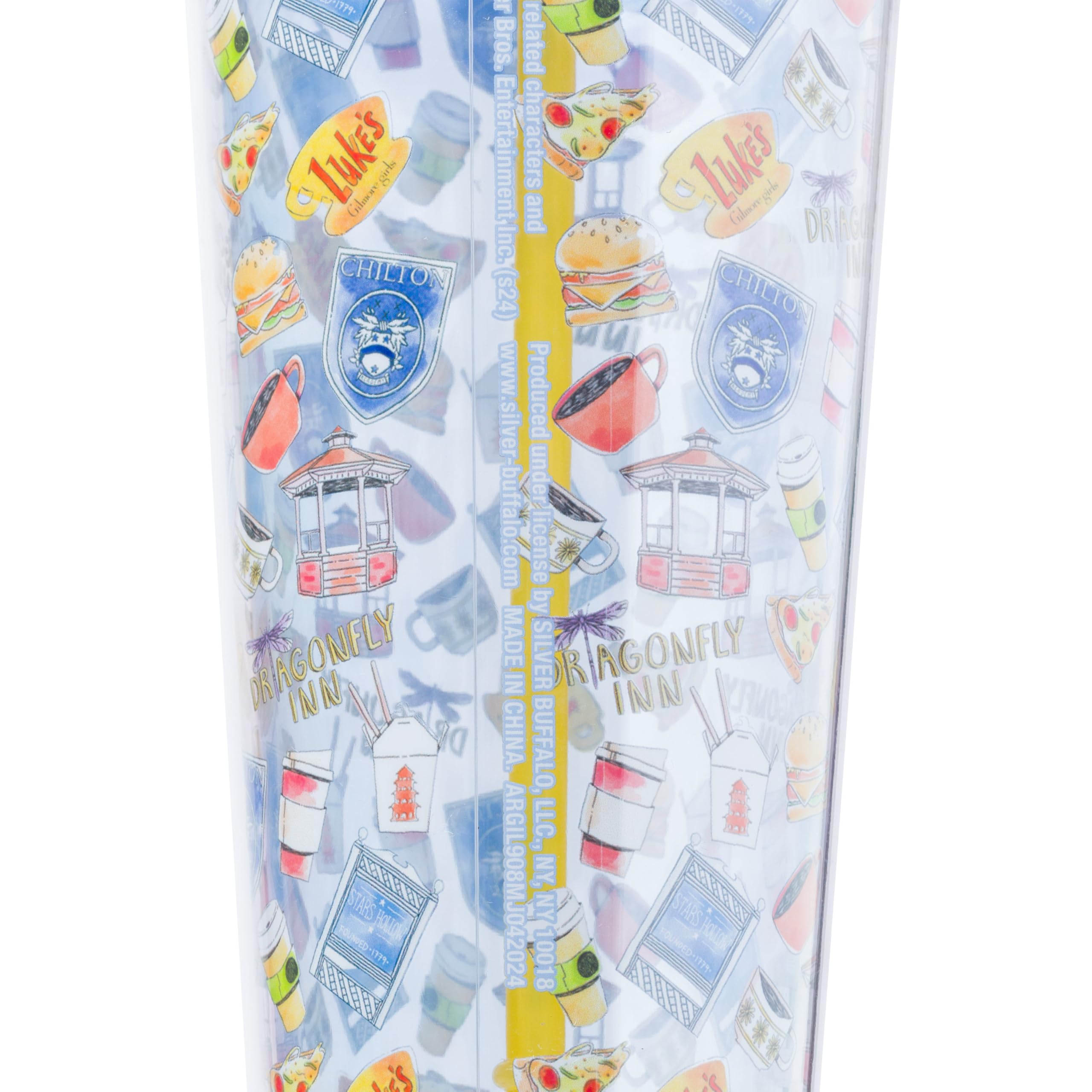 Silver Buffalo Gilmore Girls Iconic Destinations Featuring Luke's Diner, Stars Hollow, and Dragonfly Inn Plastic Cold Cup with Lid and Topper Straw, 24 Ounces